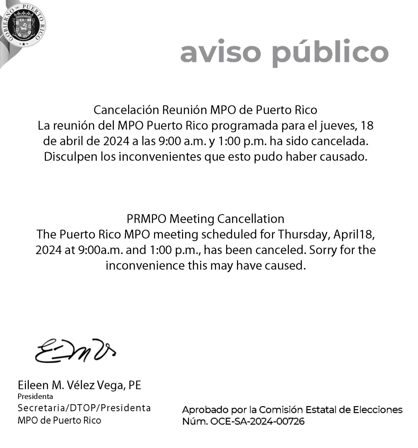 CANCELACIÓN DE REUNIÓN DEL MPO DE PUERTO RICO PARA EL 18 DE ABRIL DE ...